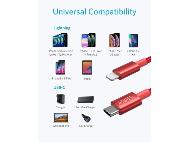 Anker 331 USB-C to Lightning Cable Red / 6ft | Gadget Hacks