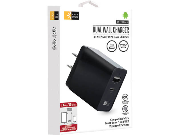 Case Logic CLOPW3103BK 3.1A Dual USB Type-A and USB Type-C Wall Charger ...