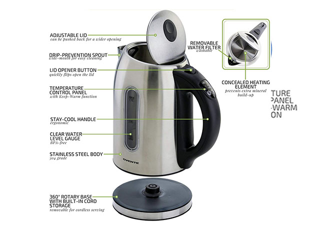 Ovente Stainless Steel 1.7L Electric Kettle with Touch Screen Control ...