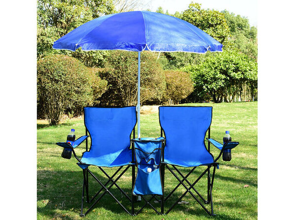 Costway Portable Folding Picnic Double Chair W Umbrella Table Cooler Beach Camping Chair Blue StackSocial