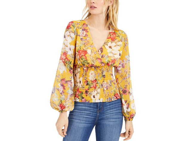 INC International Concepts Women's Floral Smocked Blouse Yellow Size ...