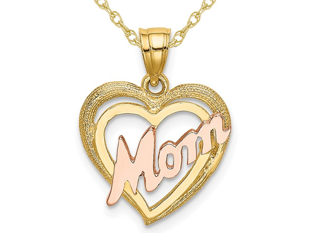 MOM Heart Pendant Necklace in 14K Yellow Gold with Chain | StackSocial