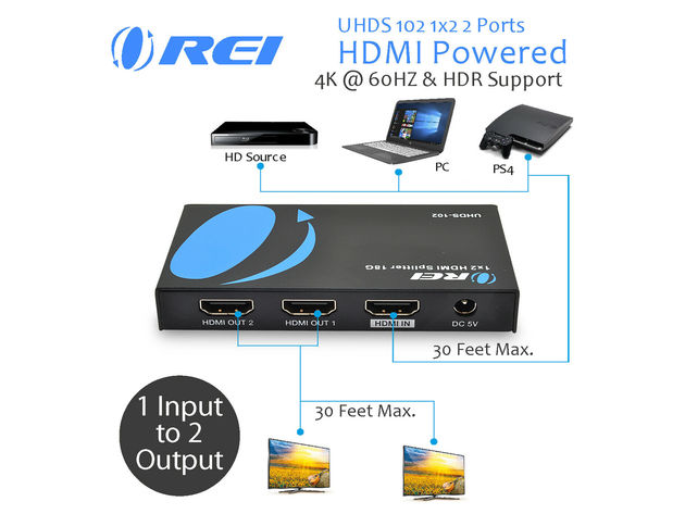OREI UltraHD 4K @ 60 Hz 1 x 2 HDMI Splitter 1 in 2 Out (2 Port) 4:4:4 8-bit - HDMI 2.0, HDCP 2.2 ...