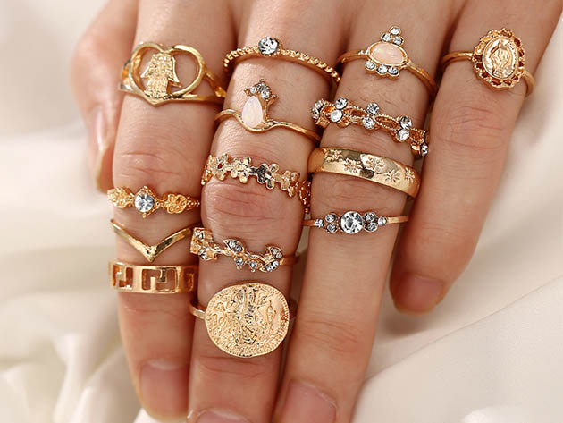 15-Piece Opal Assorted Ring Set with Swarovski Crystal | StackSocial