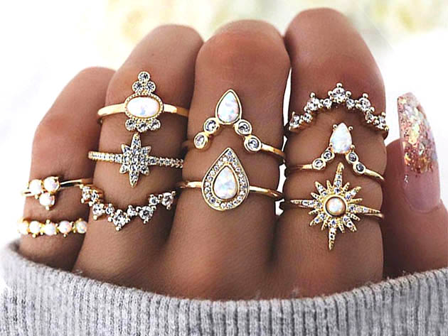 10-Piece Created Opal Assorted Ring Set with Swarovski Crystals ...