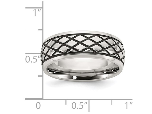 Mens Stainless Steel 8mm Polished Checkered Pattern Ring - 13 | Black ...